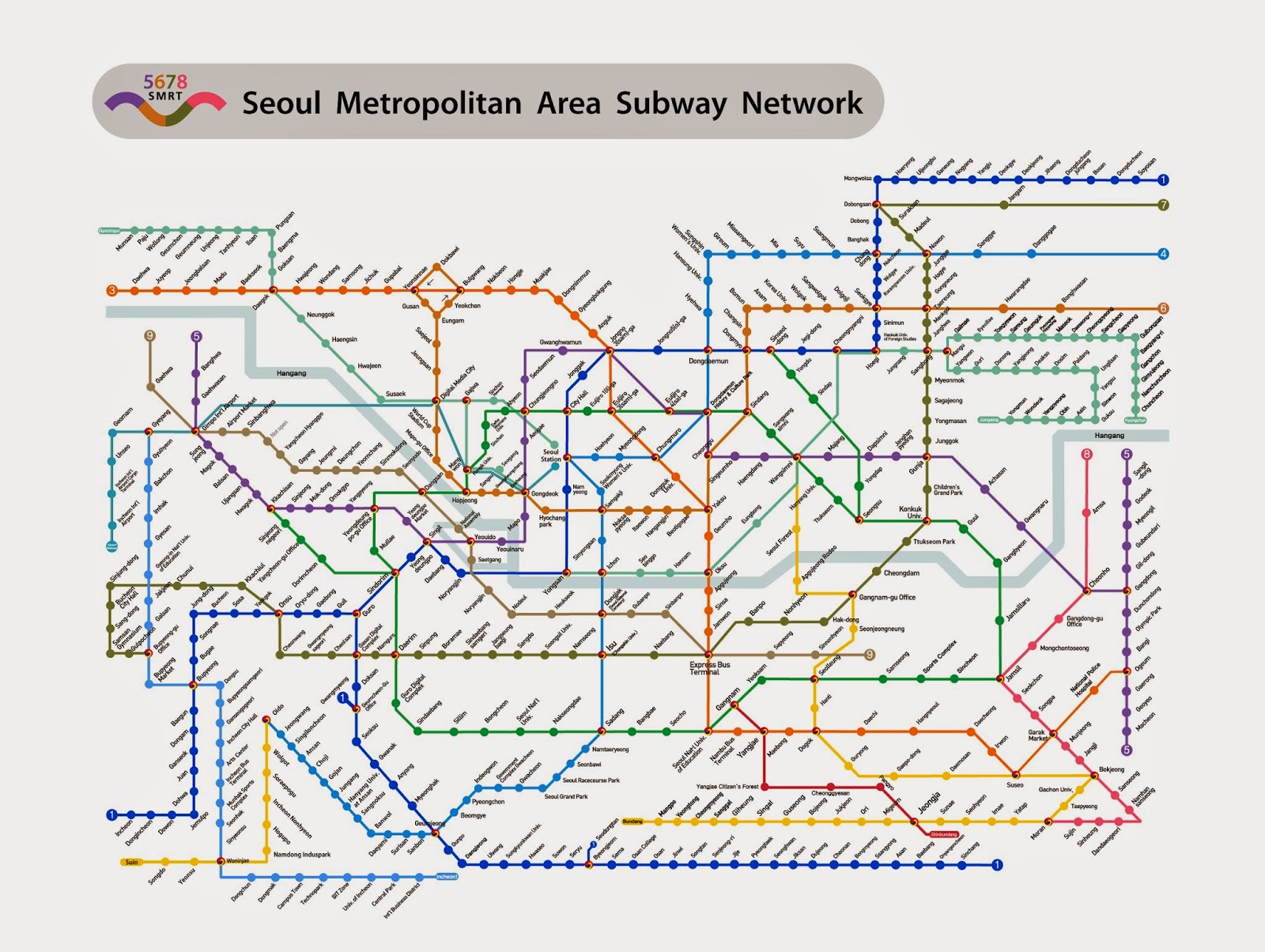 ทำงานประเทศเกาหลี: แผนที่รถไฟฟ้าใต้ดินเกาหลี - โซล (Seoul Subway map)