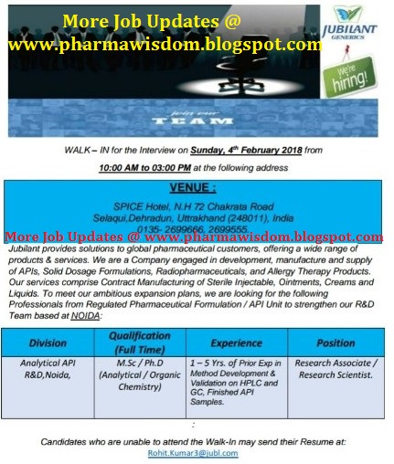 JUBILANT GENERICS - Walk-In Interviews for Analytical R&D on 4th ...