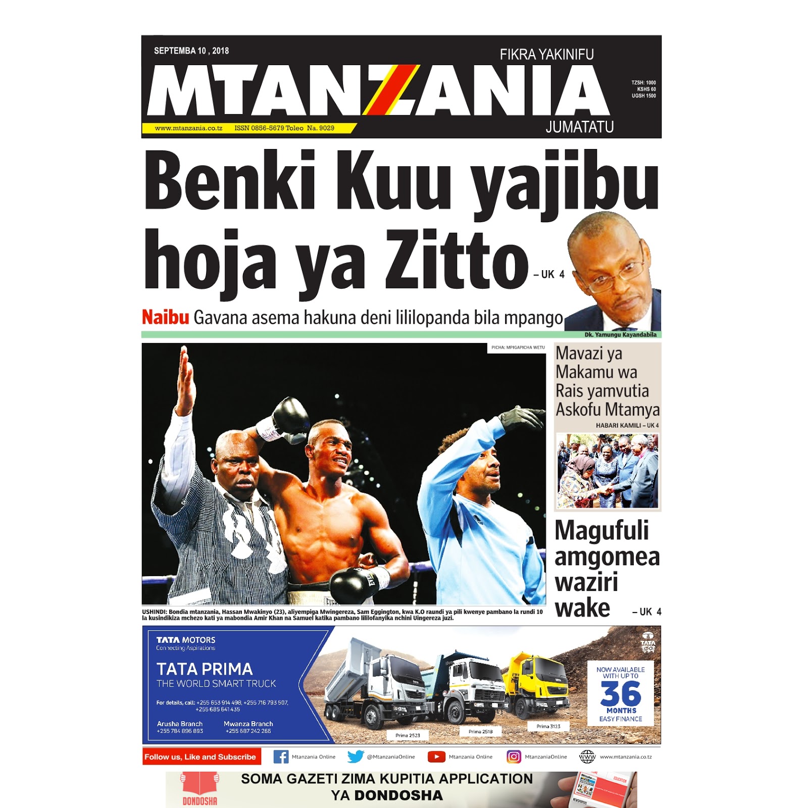 Tanzanian Today's Newspapers MAGAZETI YA LEO JUMATATU 10th September ...