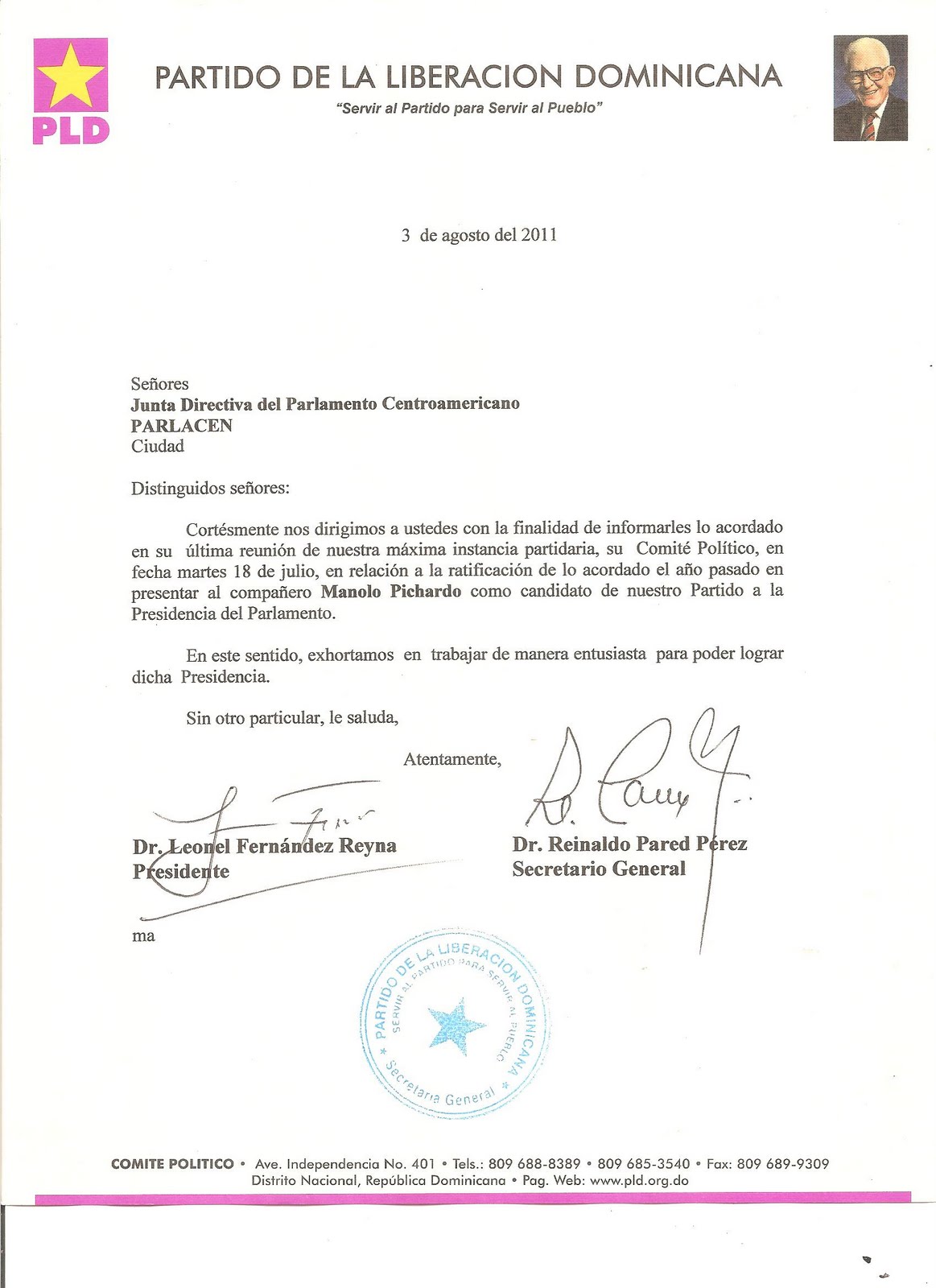 PICHARDO PRESIDENTE PARLACEN: agosto 2011