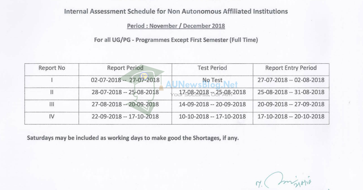 Anna University COE1 Internal Assessment Schedule for Nov Dec 2018