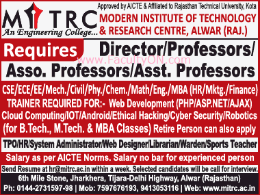 Modern Institute of Technology and Research Centre, Alwar, Wanted ...