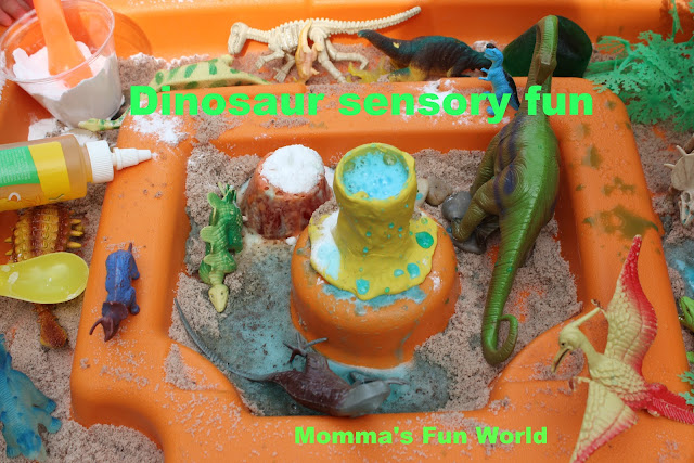 Momma's Fun World: Dinosaur sensory volcano fun