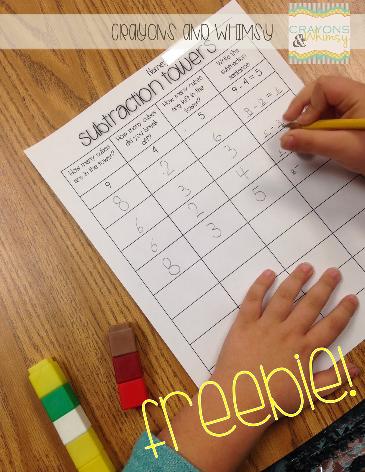 Subtraction Towers - Crayons and Whimsy