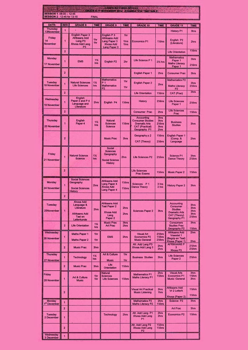 Camps Bay High School: CBHS Grade 9 Exam Timetable - Fourth Term 2014