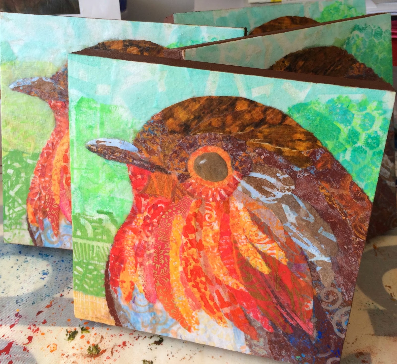 Christine Jermyn Art: Irish Robins - Paper Collages on Wood Panels, 6" x 6"