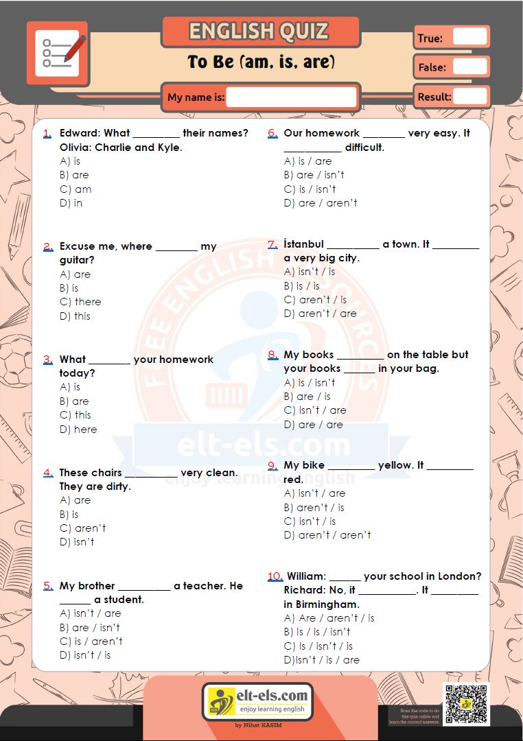 To be ( am, is, are) multiple choice test | www.elt-els.com