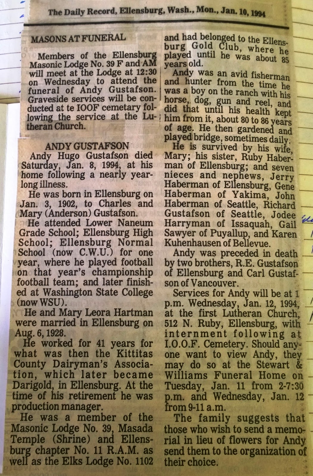 Ellensburg #39 History Blog: 49) Andy Hugo Gustafson - Master - 1942