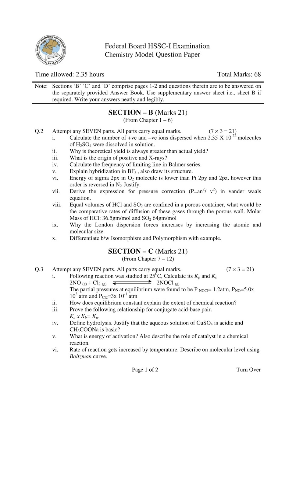 Federal Board New Pattern 2016-17 onwards Model Papers | SKIWORDY