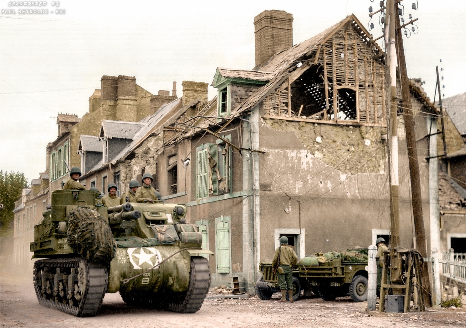 WW2 Colourised: M7 'Priest' in Carentan