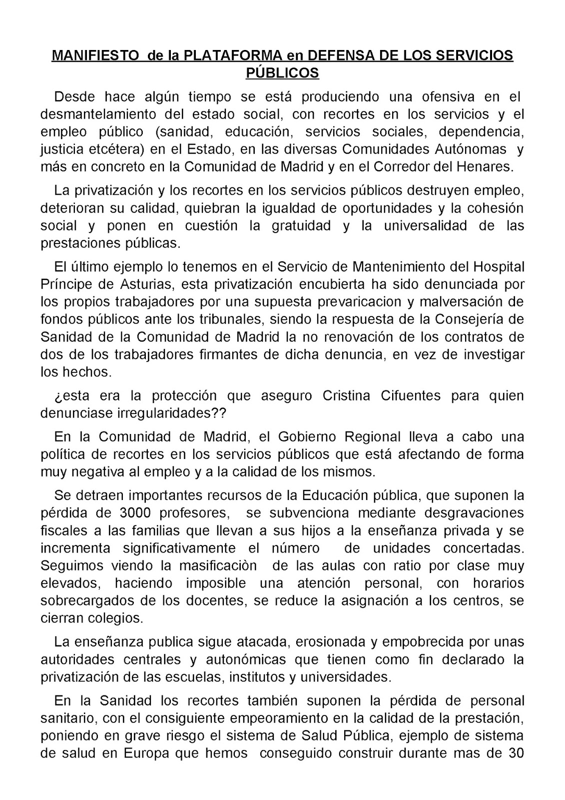 MareaVerde: Manifiesto de la Plataforma en defensa de los Servicios ...