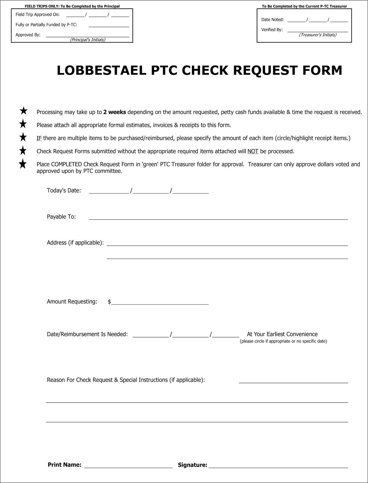 Lobbestael PTC: Check Request Form