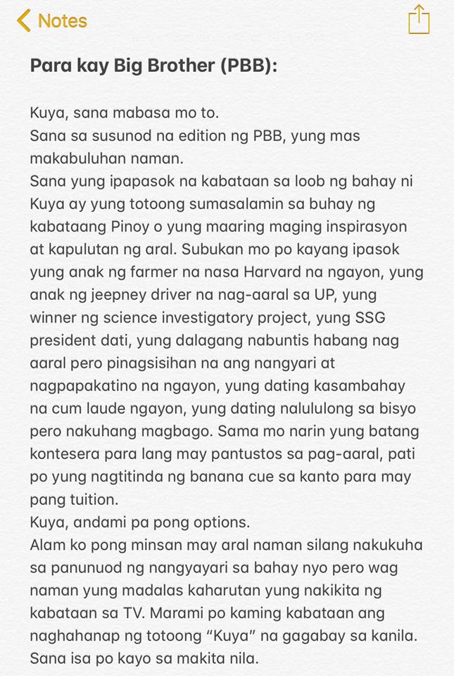 A powerful open letter to Pinoy Big Brother: Sana sa susunod mas ...