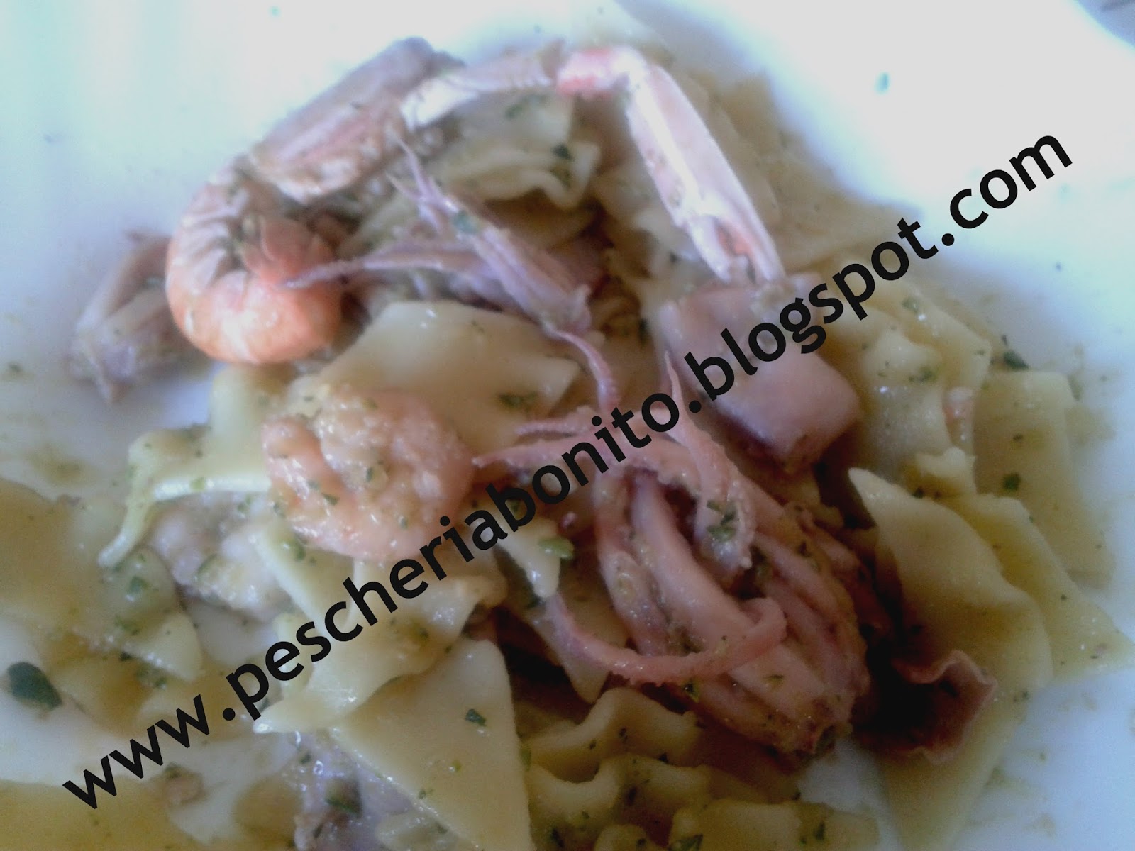 Pescheria Bonito: Tacconelli con totani zucchine e scampetti