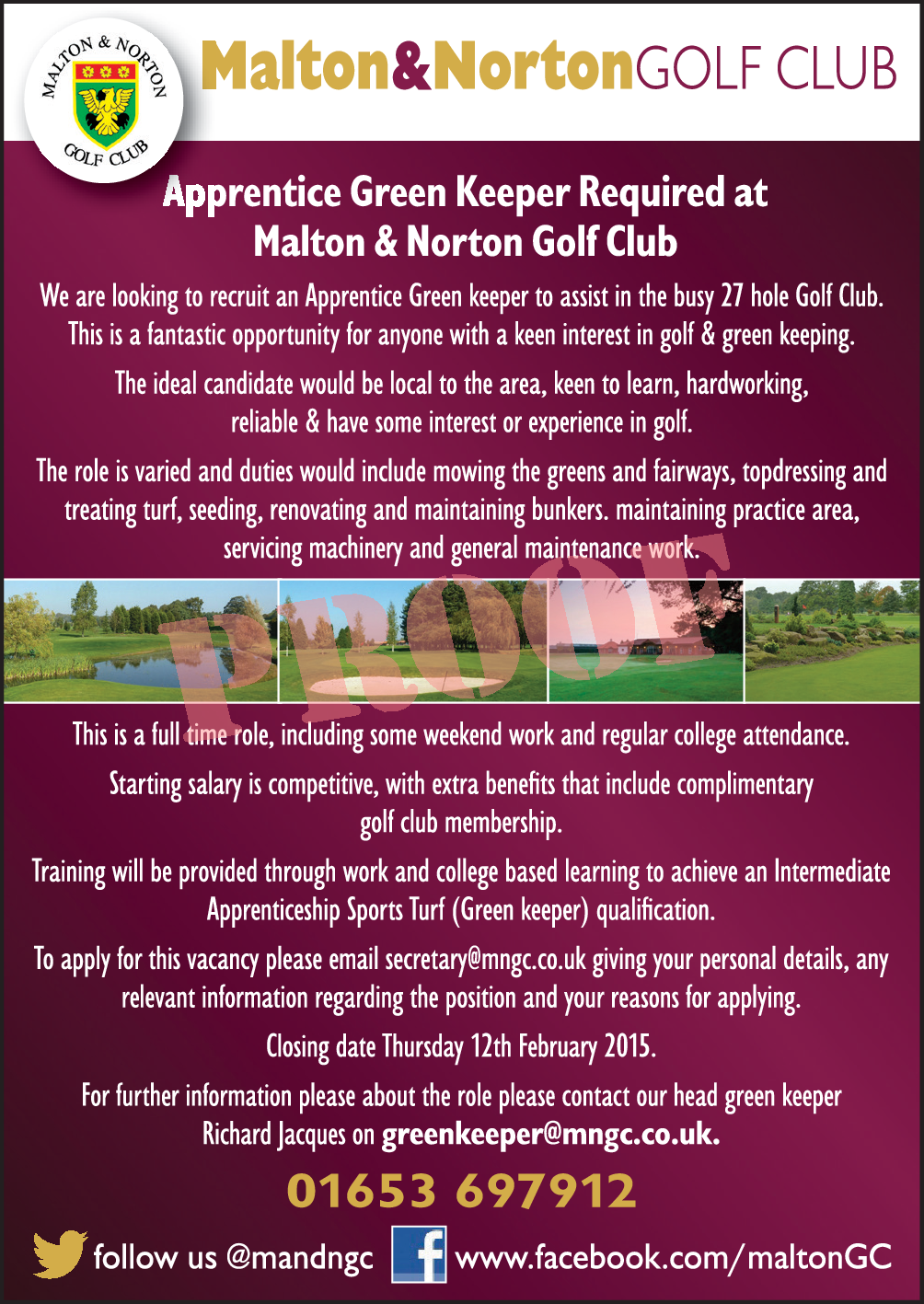 Malton and Norton Golf Club Greens Department: Apprentice Greenkeeper ...
