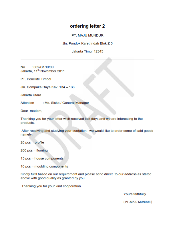 Free Example Of Ordering Letter