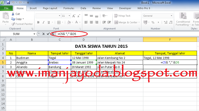 Rumus excel untuk menggabungkan isi cell