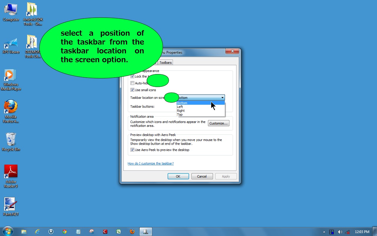 steps to change the location of the taskbar | steps for daily computing