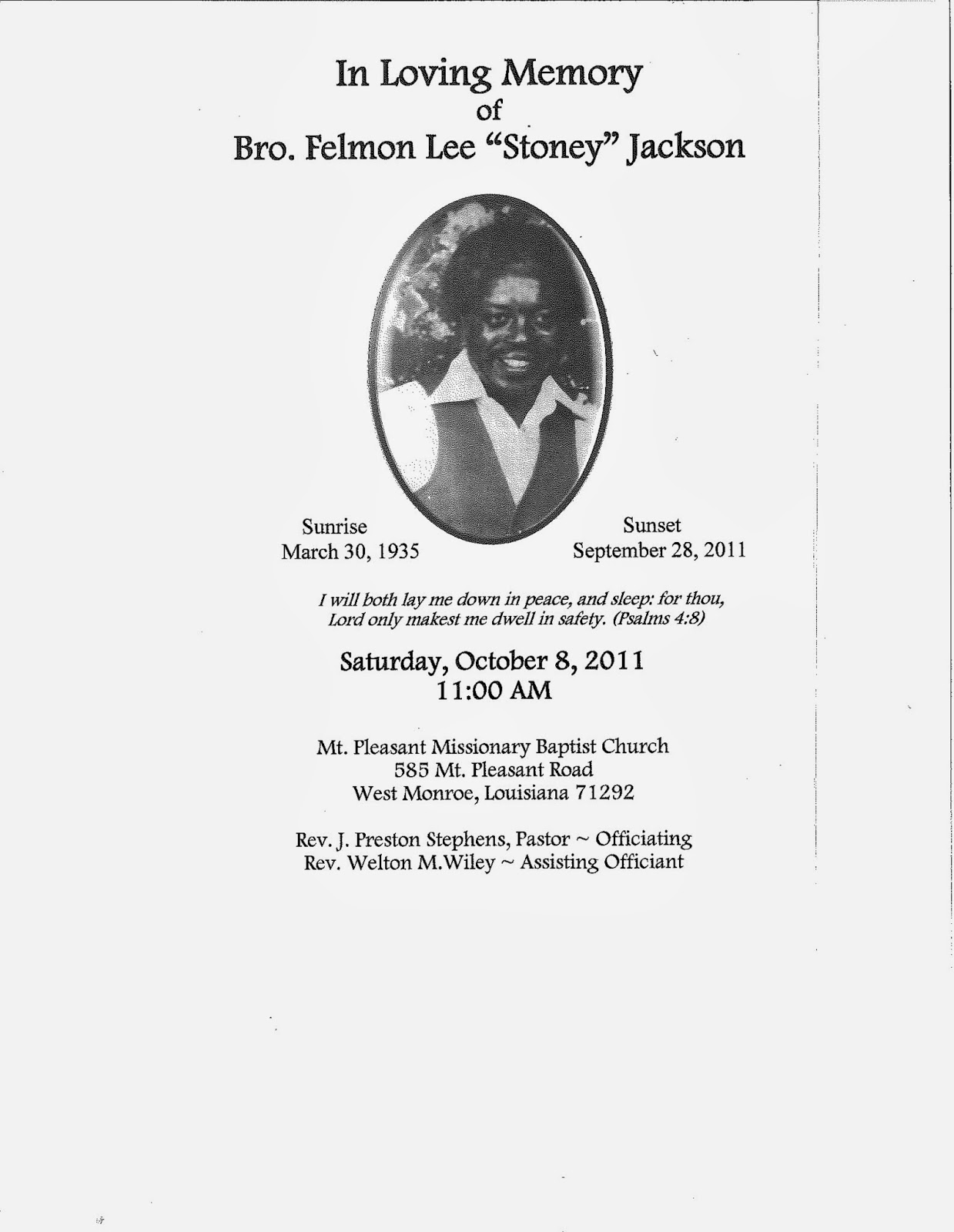 Mount Pleasant Missionary Baptist Church: Memorial: Brother Felmon Lee ...