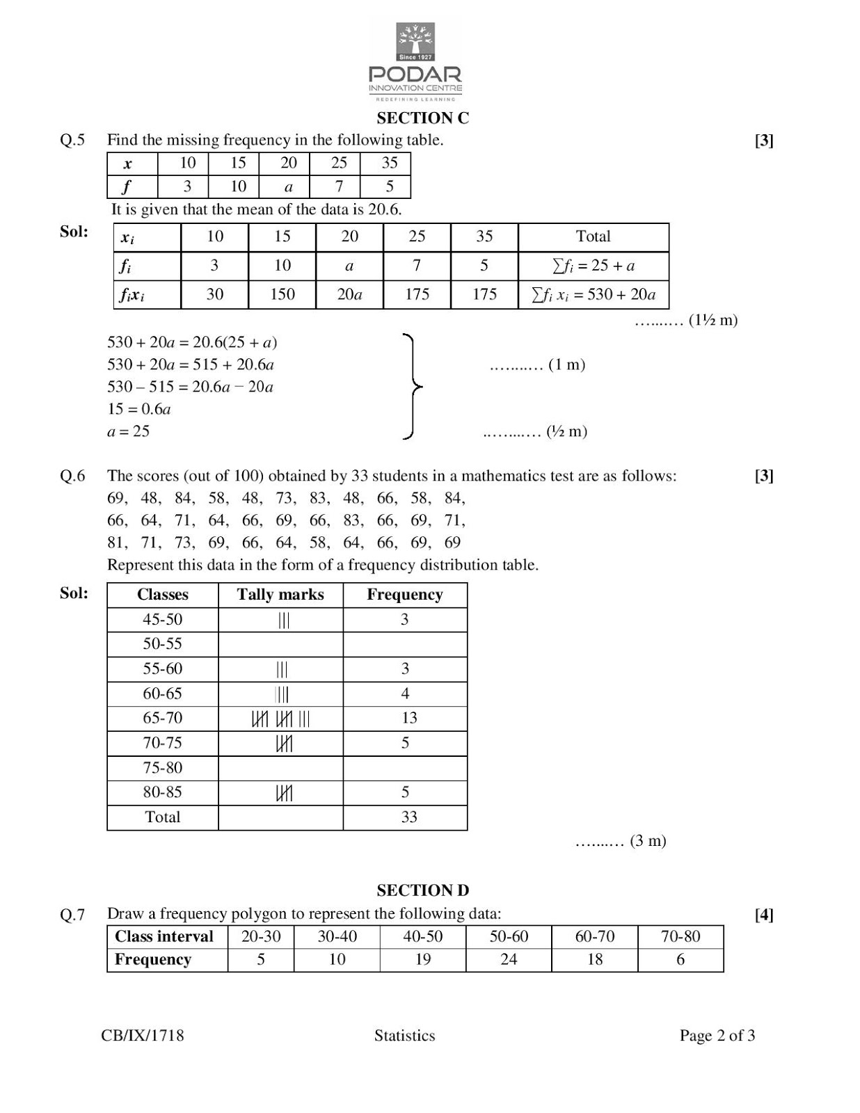 Math Statistics Class Test Answer Scheme