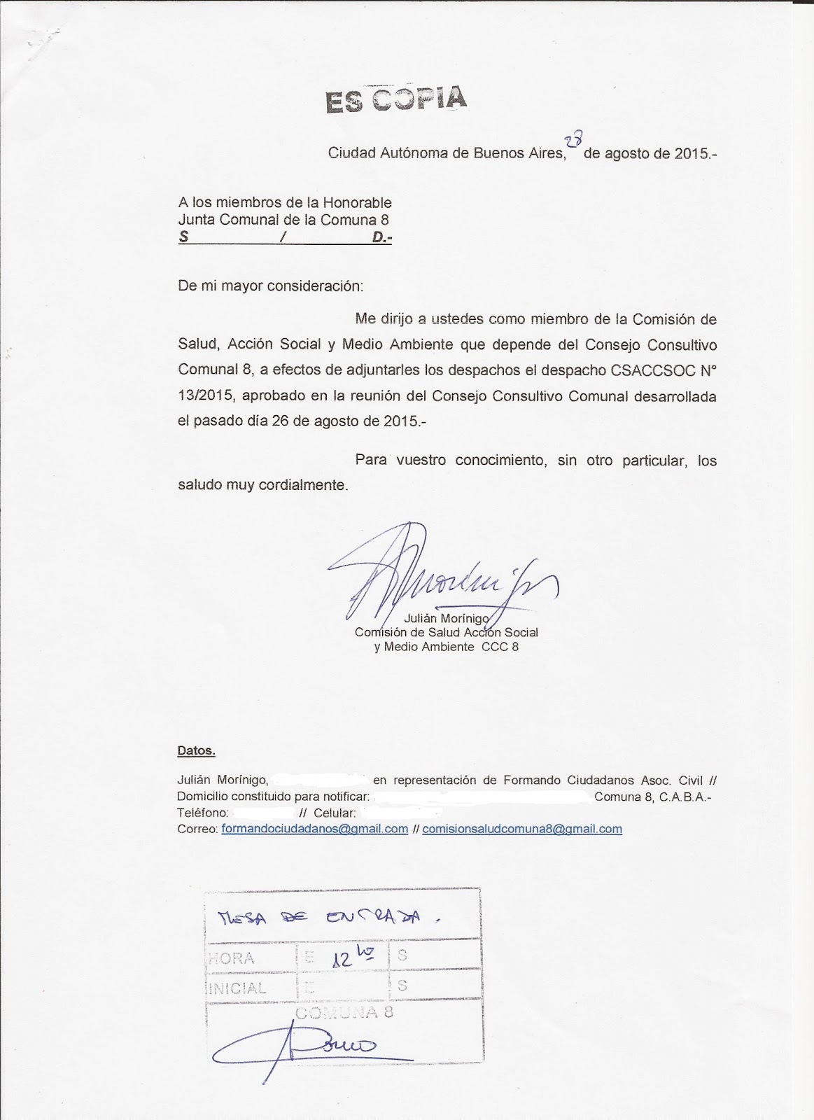 Comisión de Salud de la Comuna 8: DESPACHO DE COMISIÓN N° 13 DE 2015