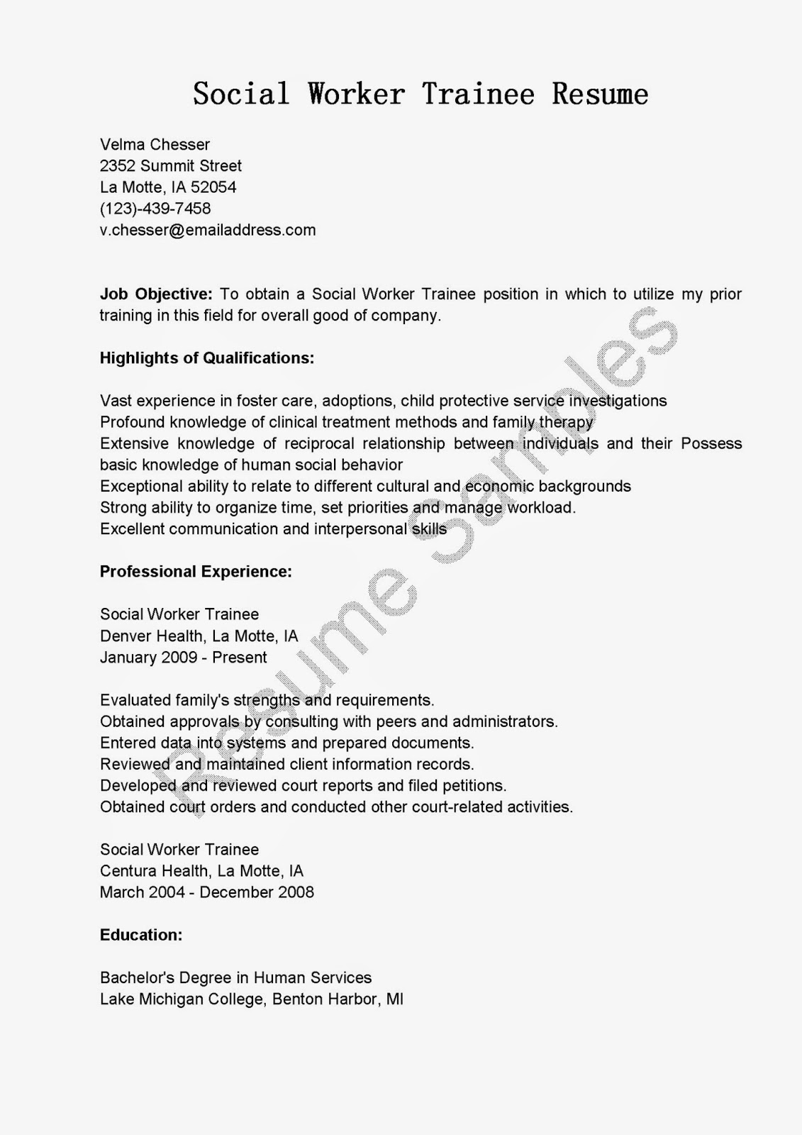 Resume Samples: Social Worker Trainee Resume Sample