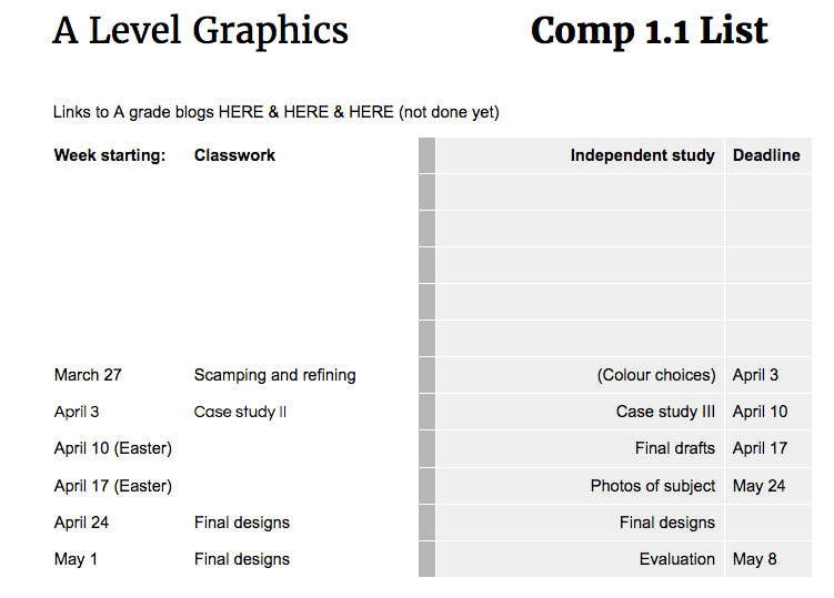 A Level Graphics Year 1: End of Comp 1.1 Dates