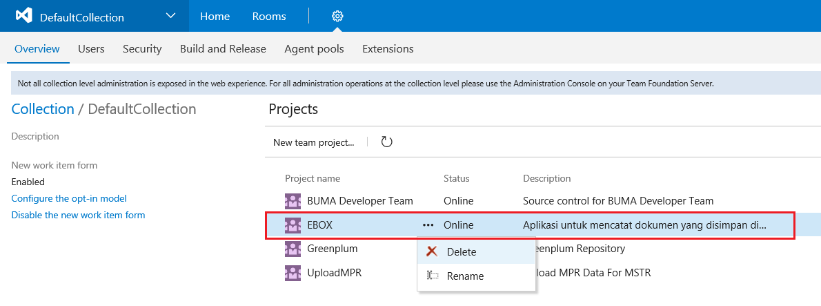 Delete Team Project In Team Foundation Server 2017