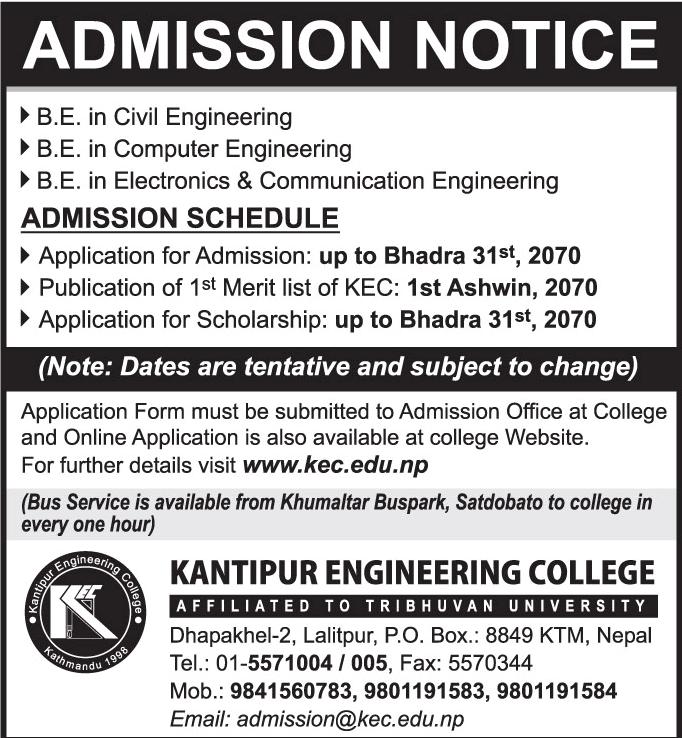 Kantipur Engineering College announces admission open for BE Computer ...