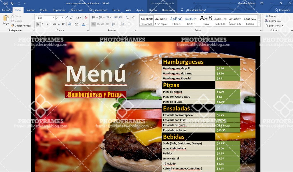 Plantilla de menú para restaurantes de comida rápida editable en Word ...