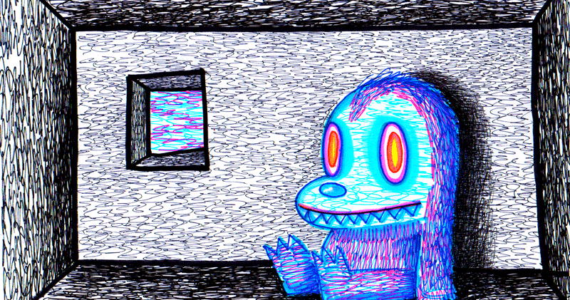 Dain 8): Creature in Cube with Gem (stereographic drawing)