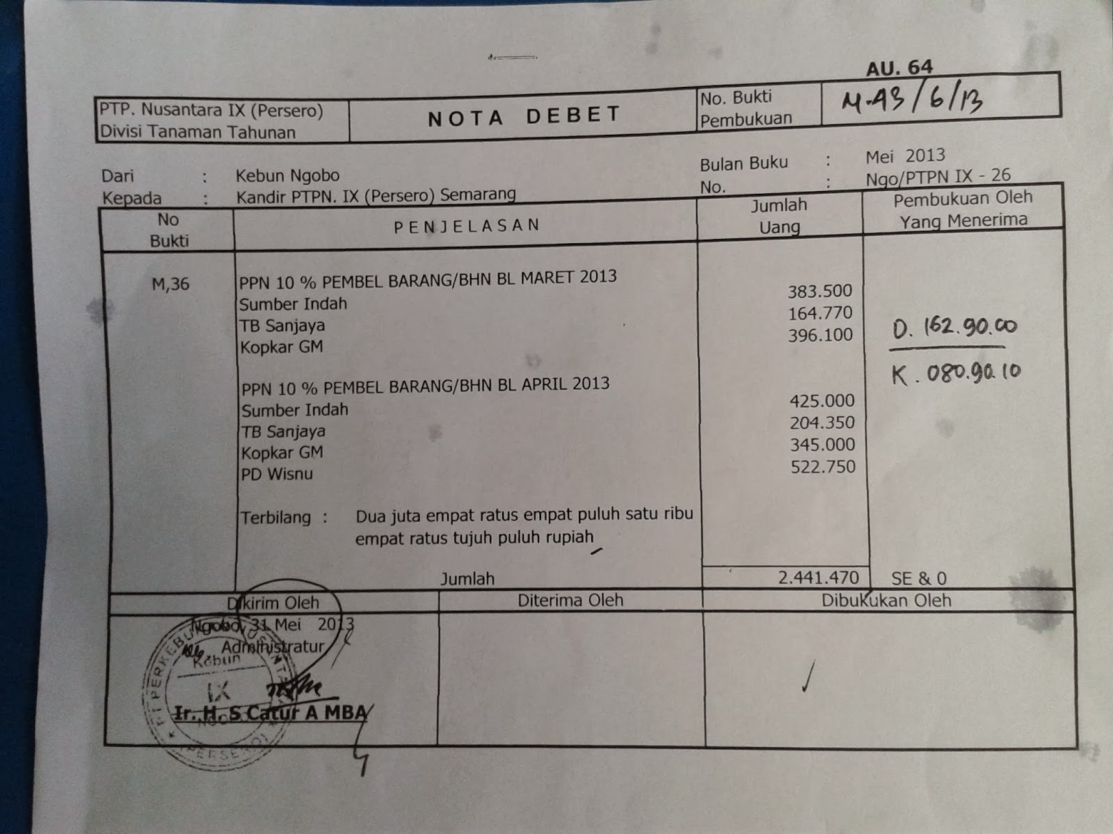Contoh Nota Debet AU 64 dari Kebun | Gudang Artikel