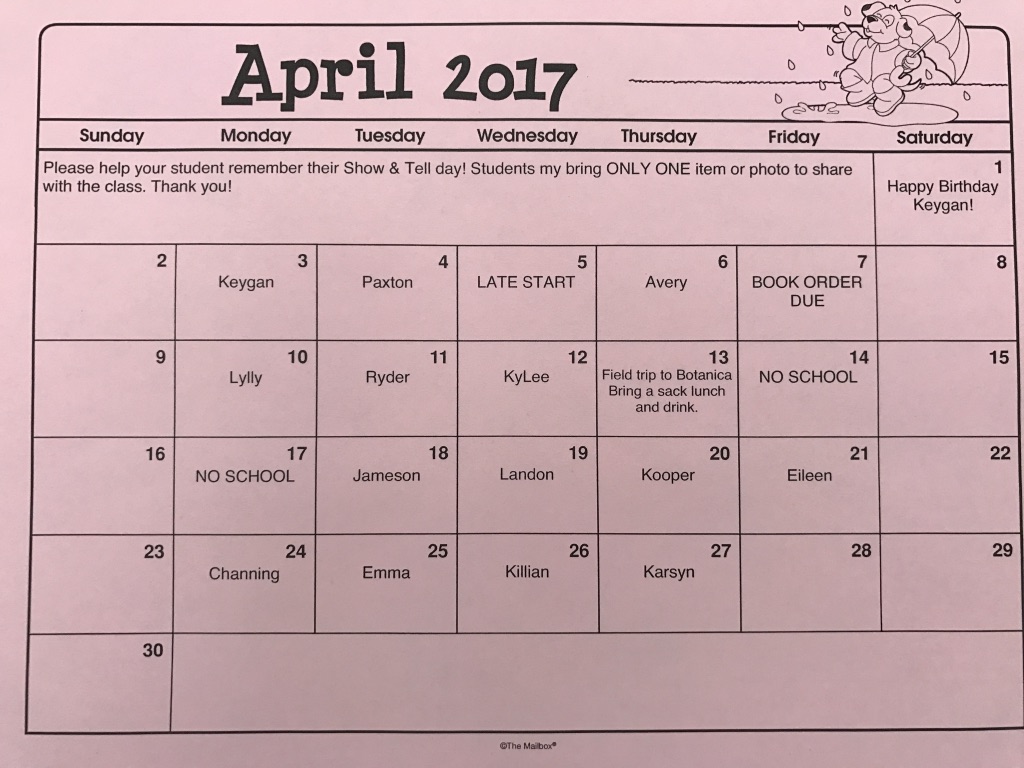 Mrs. Lazar's First Grade 1B: April Show & Tell Calendar