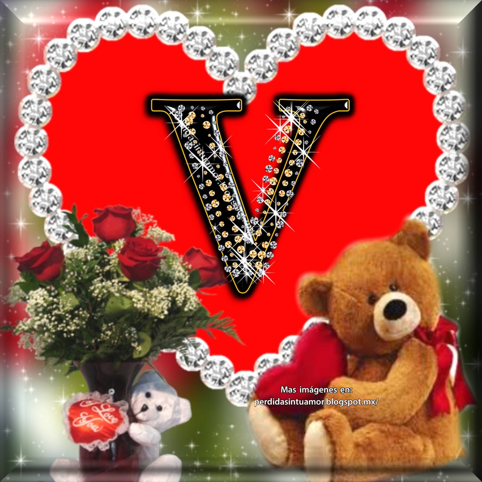 FRASES PARA TI: OSITO EN UN CORAZÓN CON TU INICIAL (( V ))