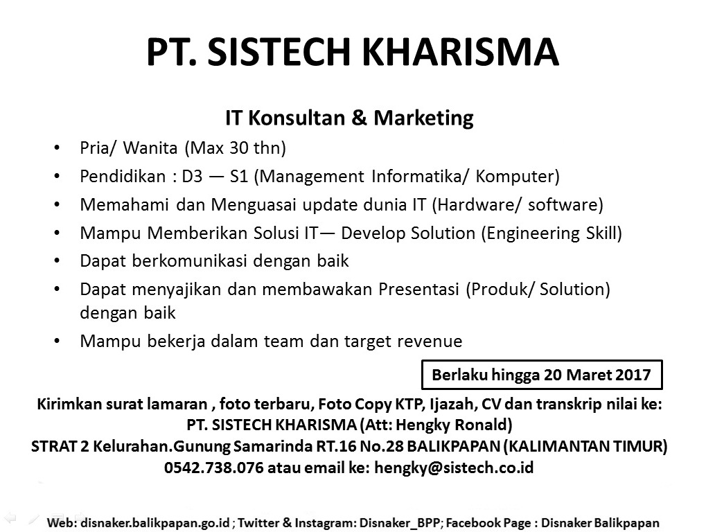 Lowongan Kerja Kota Balikpapan: Lowongan PT. SISTECH KHARISMA