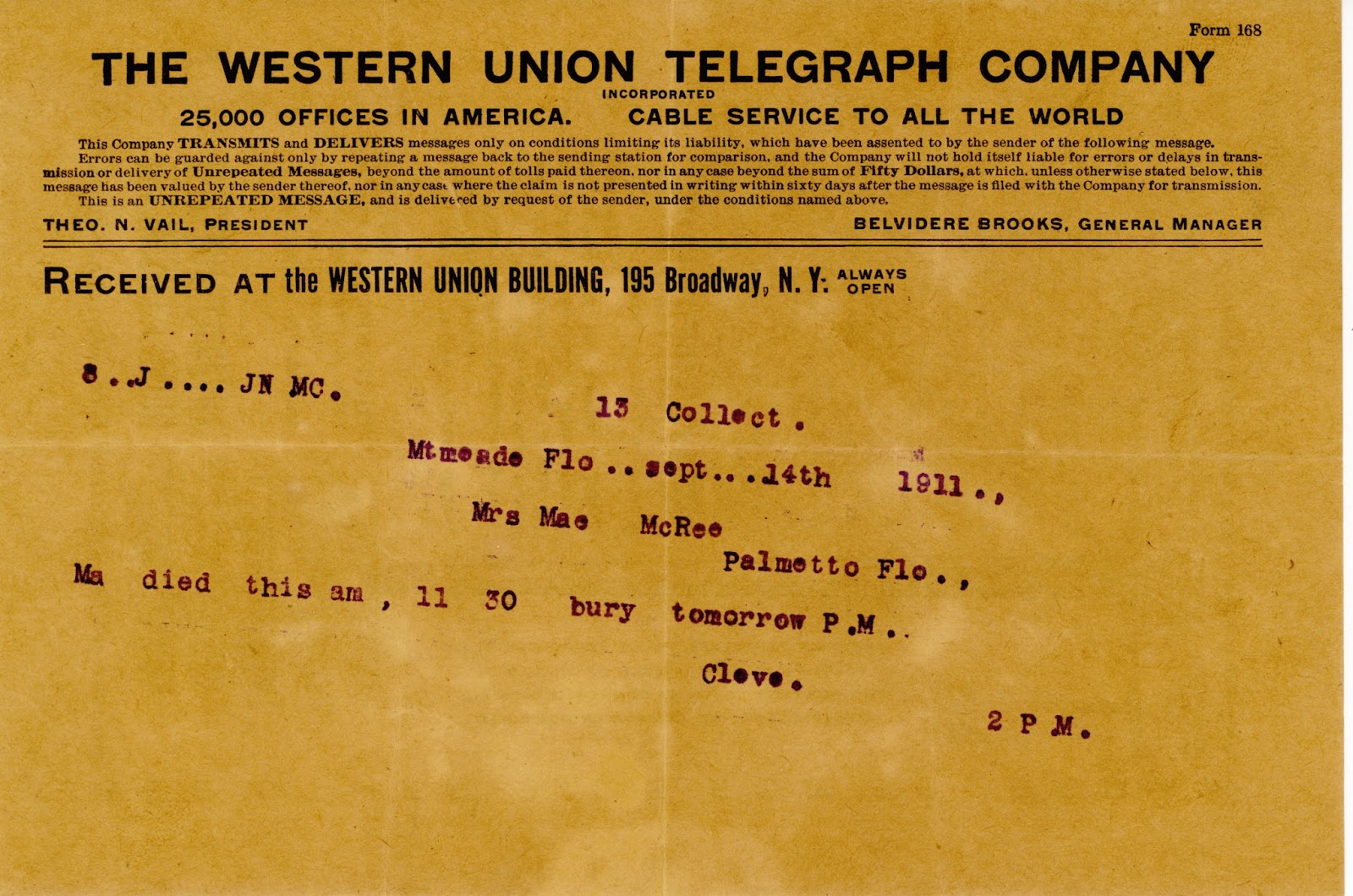 McRee Family History: Telegraph Notification of Death of Emily Jane ...