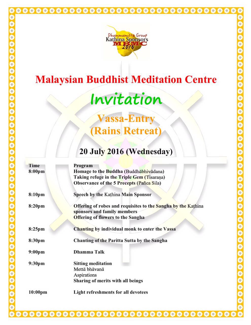 Malaysian Buddhist Meditation Centre: Invitation to Vassa Entry