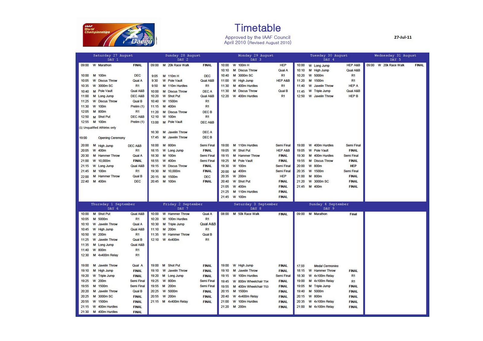 Time Table of the IAAF World Championships Daegu 2011