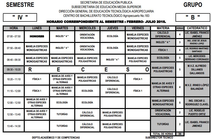 Académico CBTa 183: HORARIOS