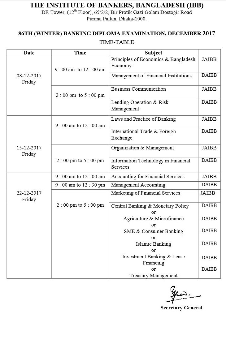 86th IBB Banking Diploma Examination December 2017 Routine (Time Table ...