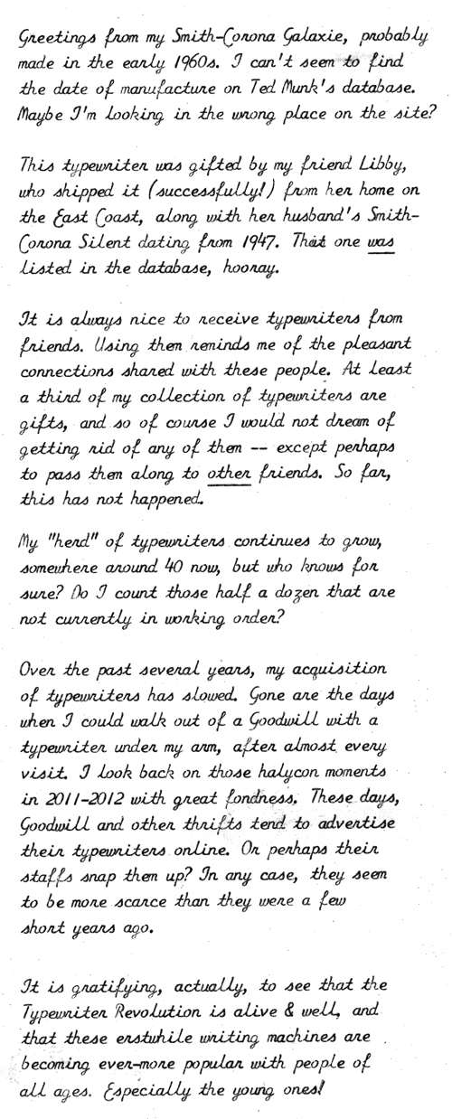 Living in the Woods: Smith-Corona Galaxie in cursive