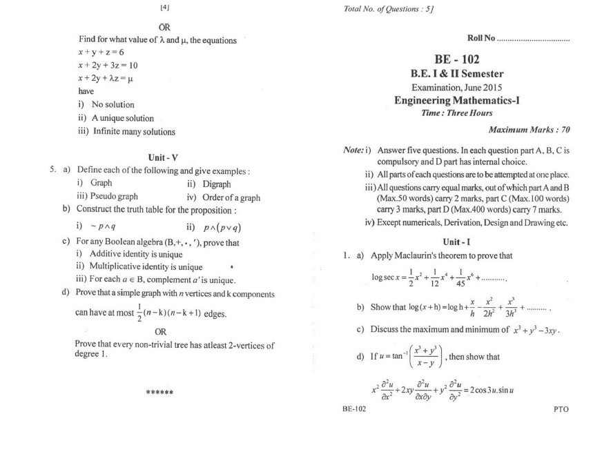 RGPV BE Question Paper of BE-102 Engineering Mathematics-I June 2015 ...
