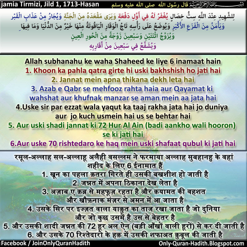 Only-Quran-Hadith: Hadith : Allah subhanahu ke waha Shaheed ke liye 6 ...