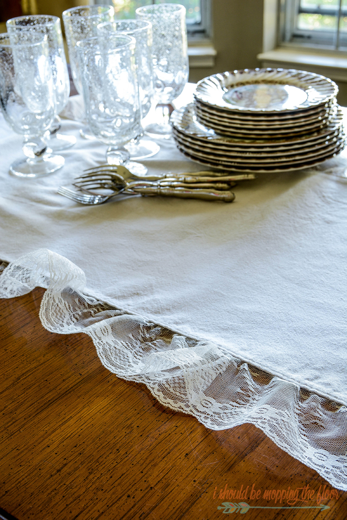 Lace and Drop Cloth Table Runner | i should be mopping the floor