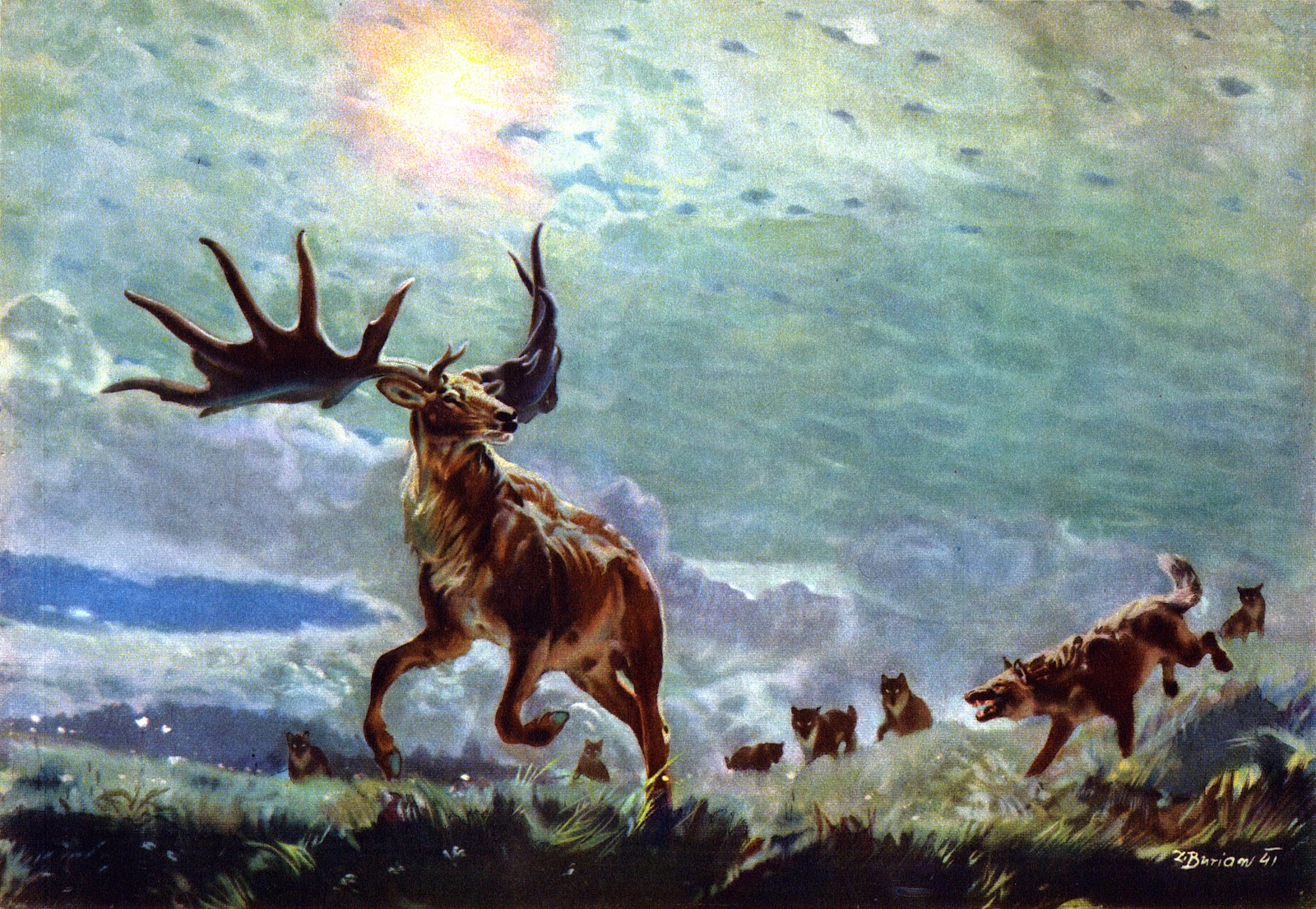 Zdeněk Burian: Wolves Hunt Giant Elk