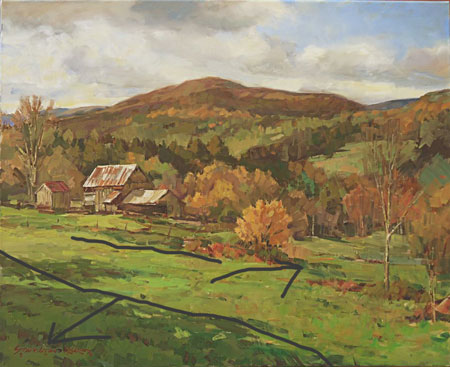 Stapleton Kearns: Diagonally receding perspective in a landscape
