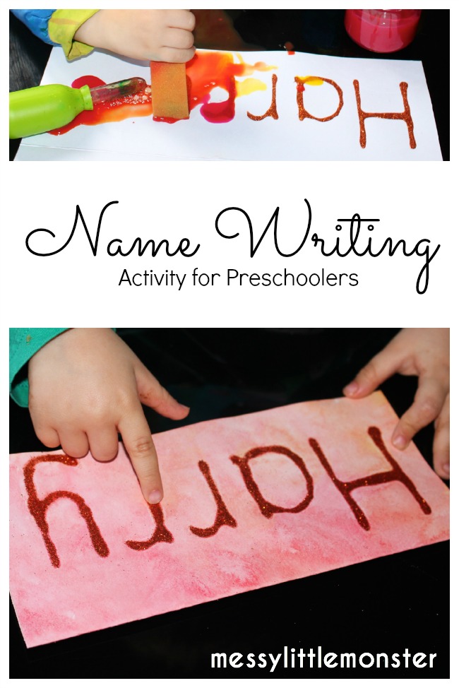 Name Writing Activity using Glitter Glue - Messy Little Monster