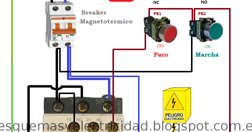 Contactor de relé con botón de encendido y apagado ~ Esquemas eléctricos