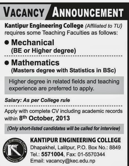 Teaching Faculty Vacancy Announcement - Kantipur Engineering College ...