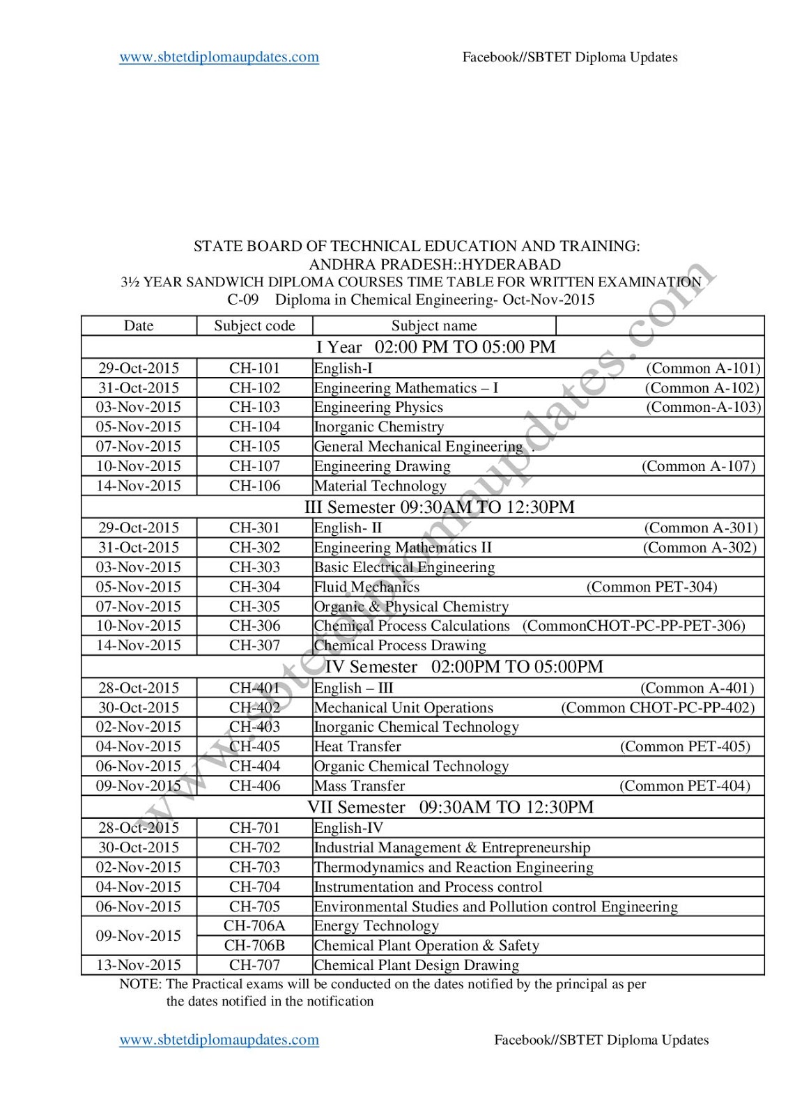 SBTET AP Diploma Examination Time Table C - 09 | SBTET Diploma Updates